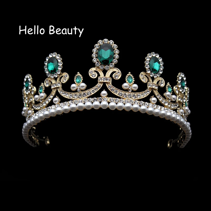 Classic Pearl Beauty Pageant Crowns Green Crystal Princess Tiara ...