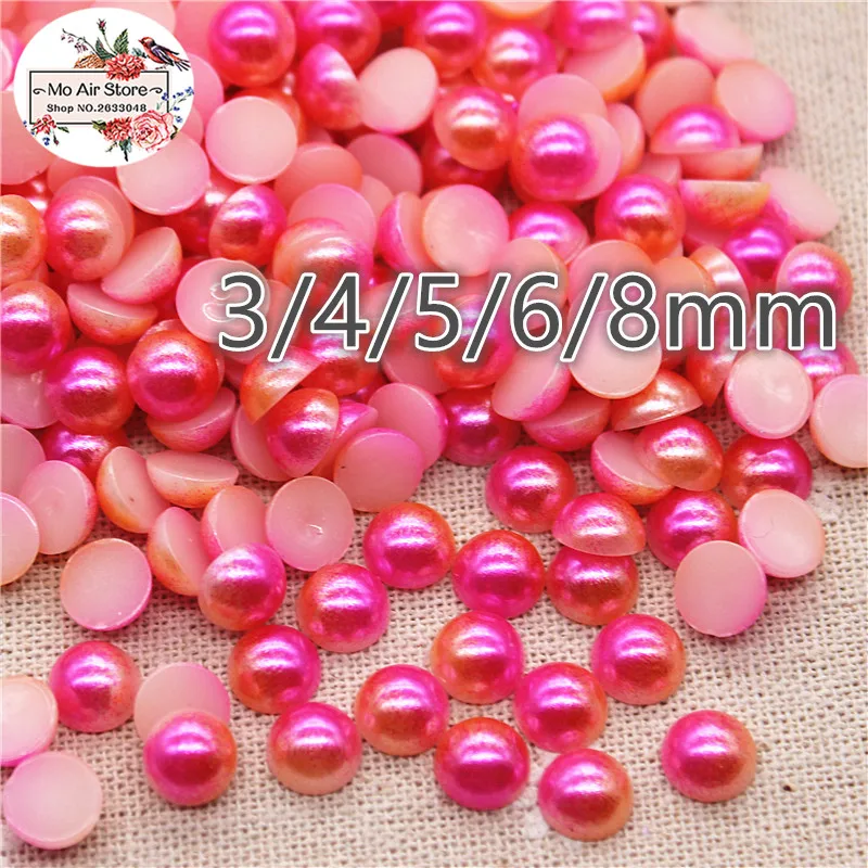 3/4/5/6/8Mm Hot Pink Duotone Half Ronde Parel Kralen Abs Resin Plaksteen cabochon Gesimuleerde ...