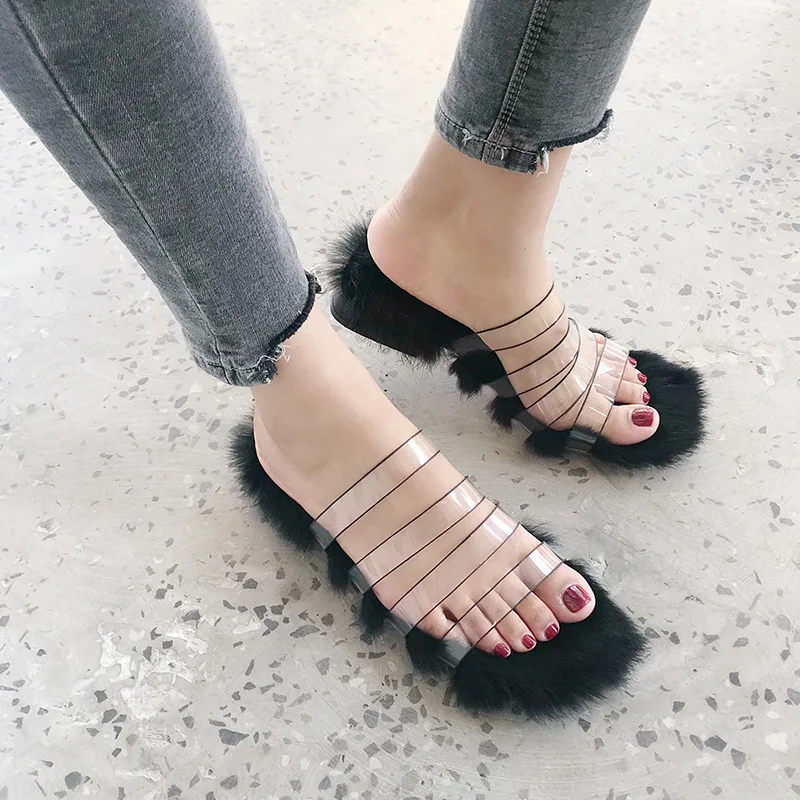 real rabbit hair sandals transparent narrow band fur shoes women ...