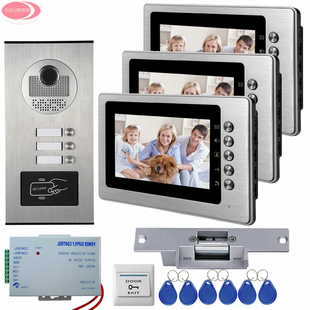 7Inch Video Intercom With 3 Monitors +3 Buttons RFID Access Outdoor ...
