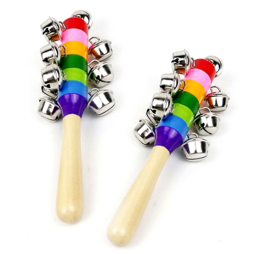 מוצר - 1 pc Wooden Stick 10 Jingle Bells Rainbow Hand Shake Bell ...