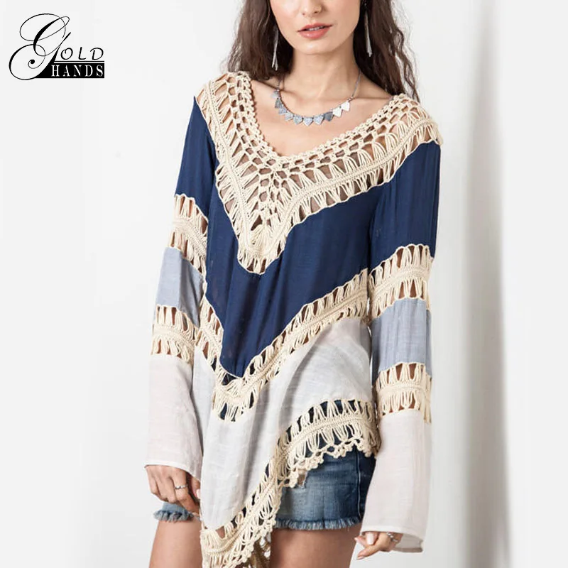Summer Women Clothing Women Boho Tops Crochet Hook Knit Blouse V Neck