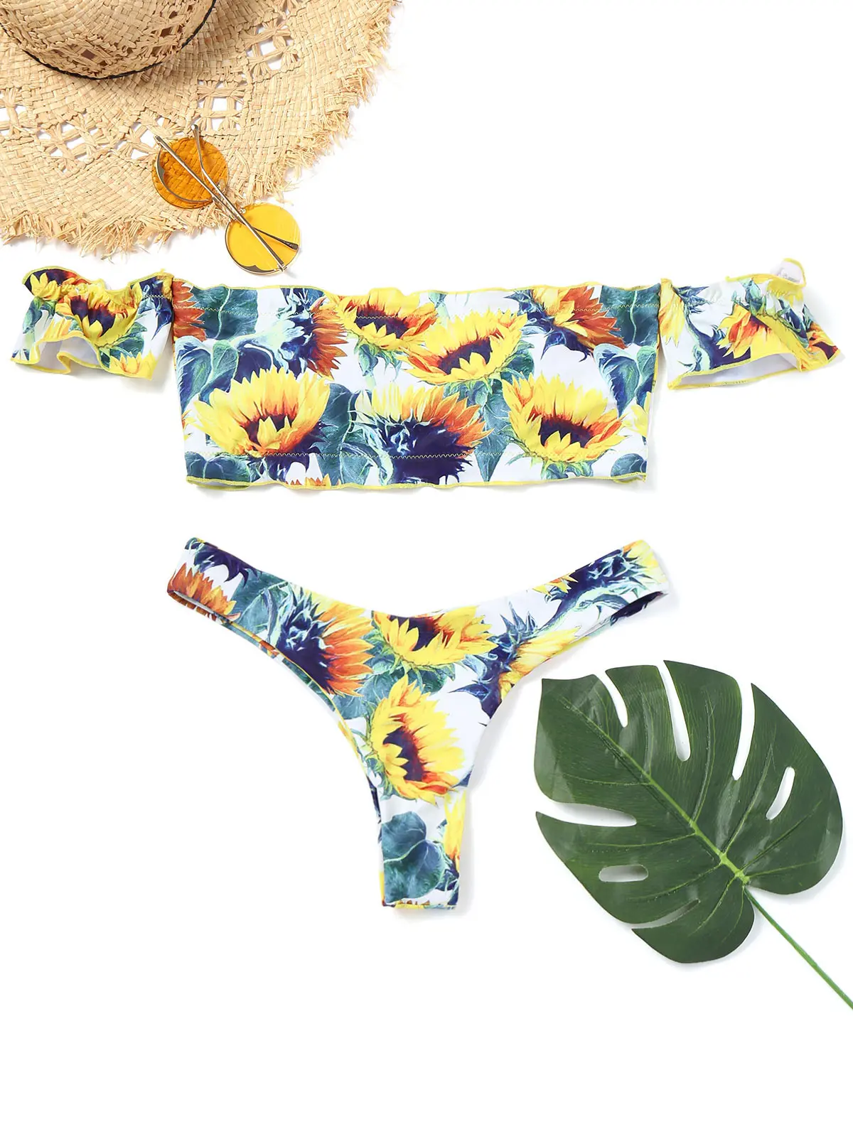Sunflower Print Off Shoulder Summer Biquini Women 2018 Thong Bikini