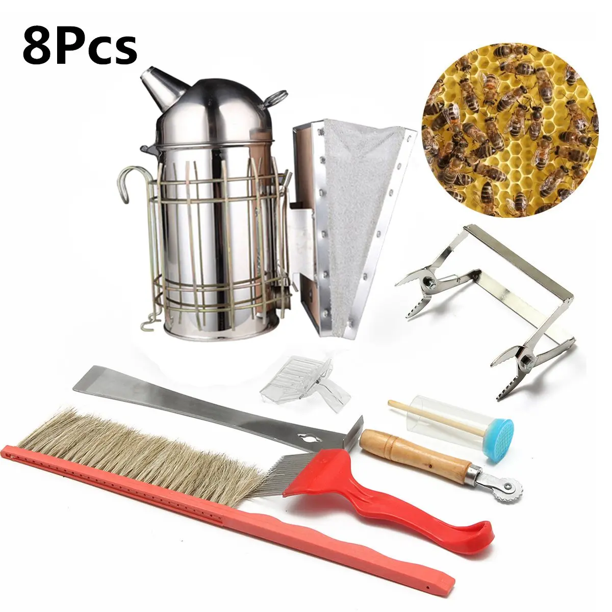 8 in 1 Beekeeping Tools Kit Bee Hive Box Smoker Chisel Frame Grip Queen ...