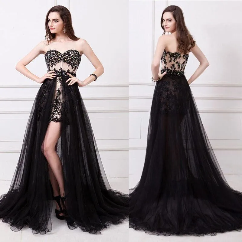 2017 Fashion two wearing removable black long trailing evening dress ...