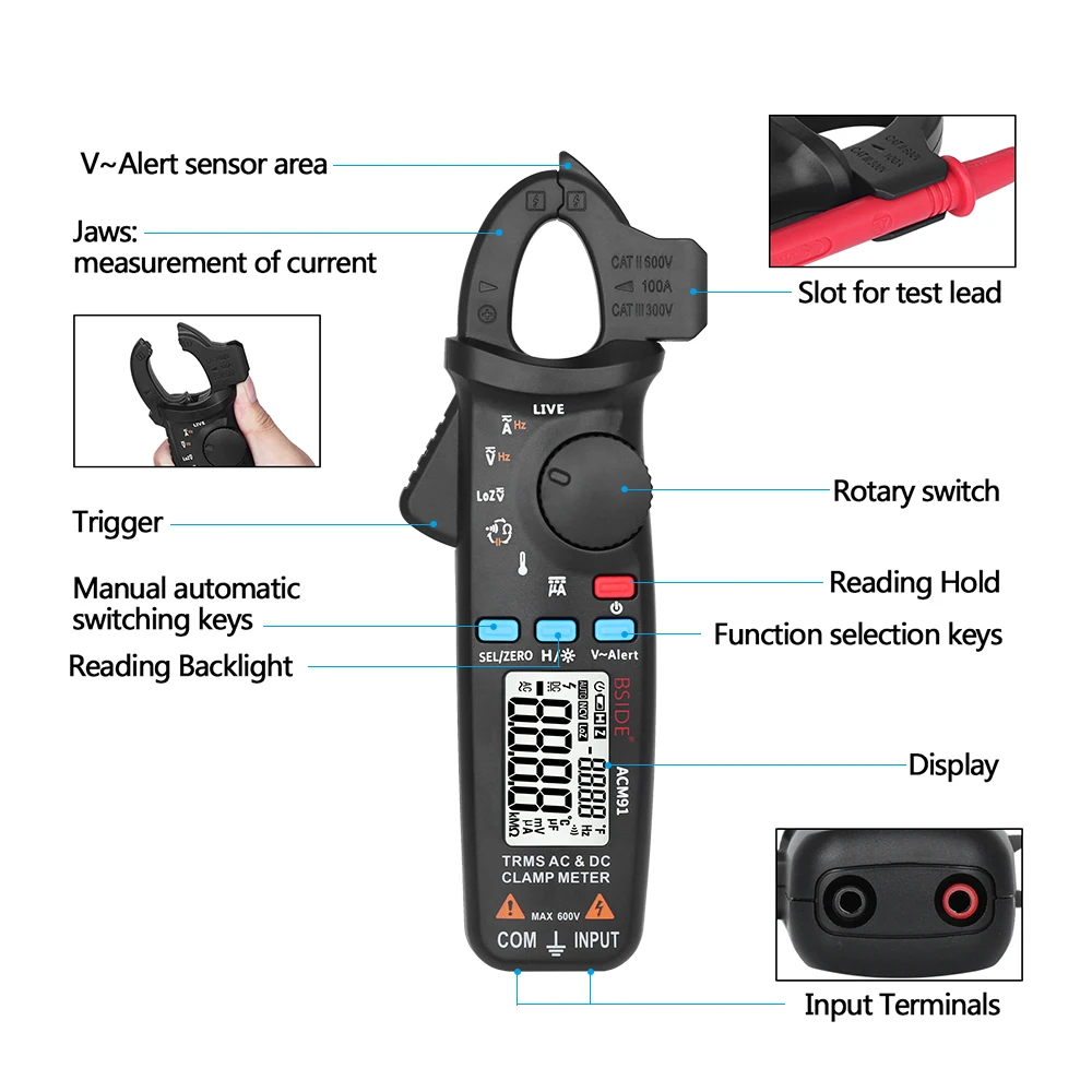 ACM91 Digital Clamp Meter Professional LCD Multimeter AC/DC Voltmeter ...