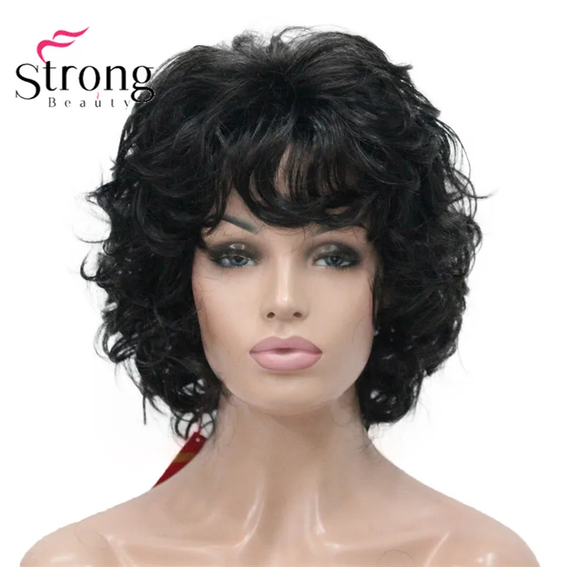 Strongbeauty Short Fluffy Layered Curly Black Full Synthetic Wig For
