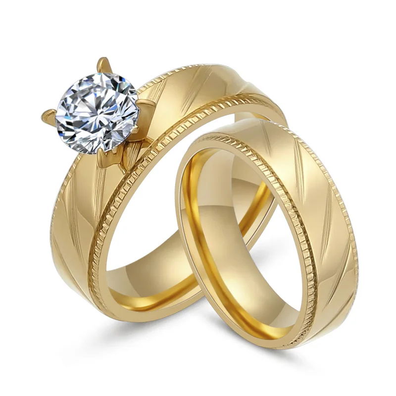 2pcs Set Stainless Steel Wedding Rings For Women Gold Color Band Cut