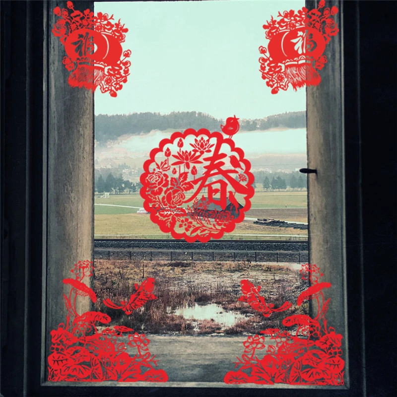 Chinese Red Paper cut Spring Festival Pattern Wall Stickers Home Decor ...
