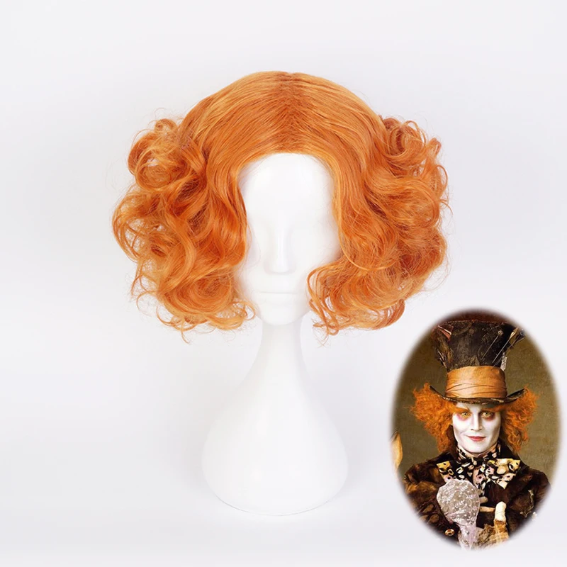 Alice In Wonderland Mad Hatter Orange Red Short Curly Wig Cosplay