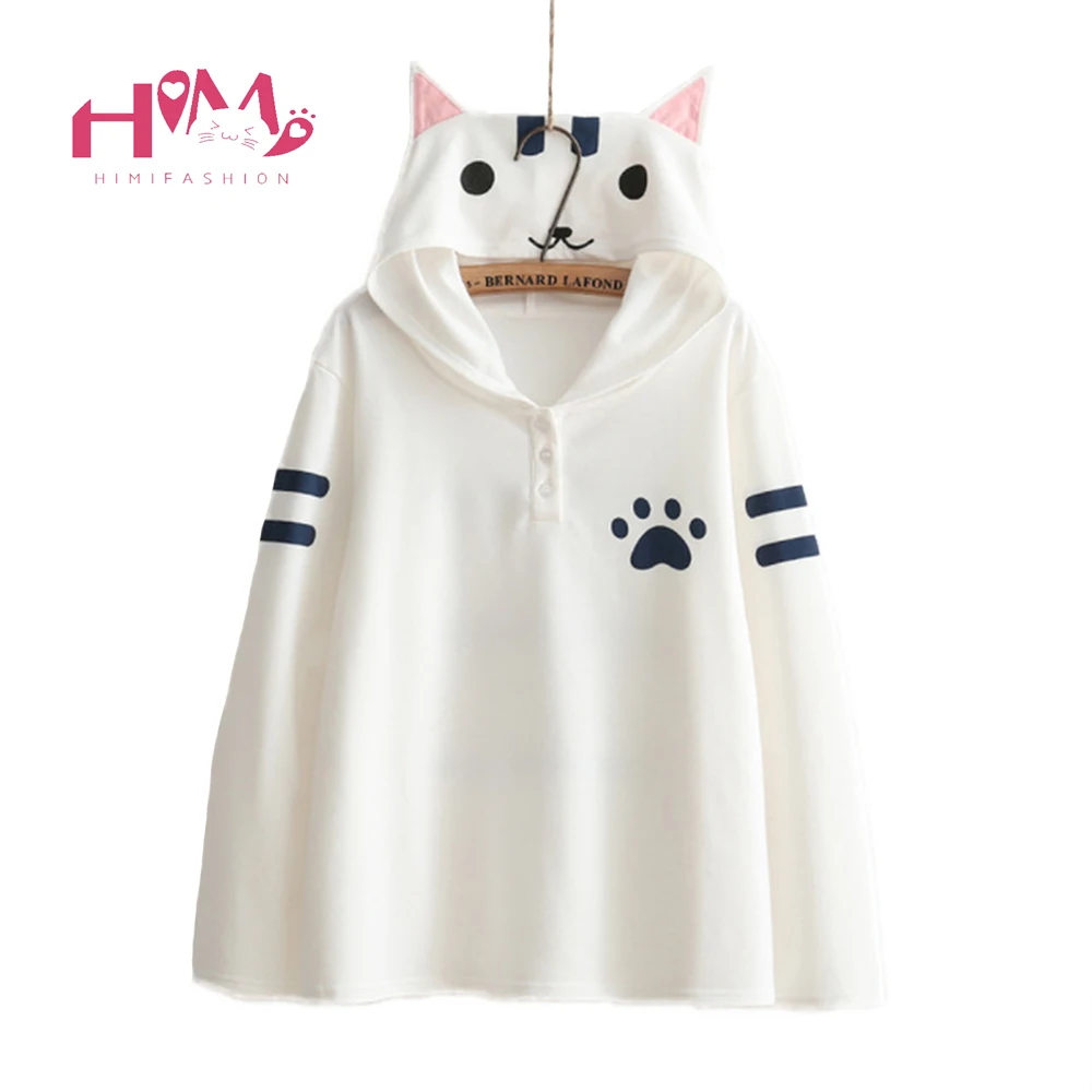 2018 Women Top Mori Girl Lovely Cat Printing Long Sleeve Hooded With