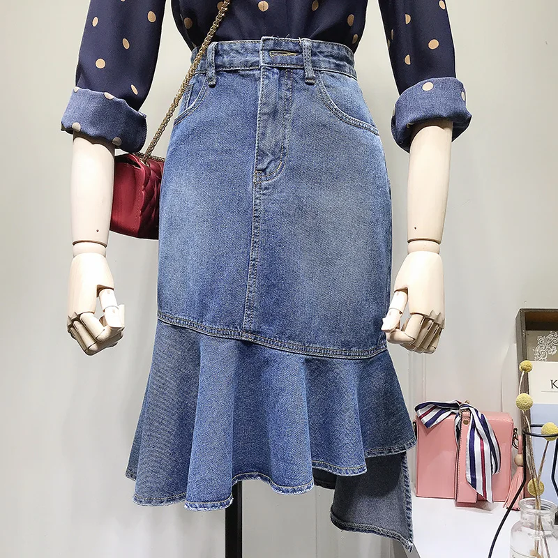 Women's Clothing Skirts Fashion Ruffles Knee Length Skirts Denim Jean ...