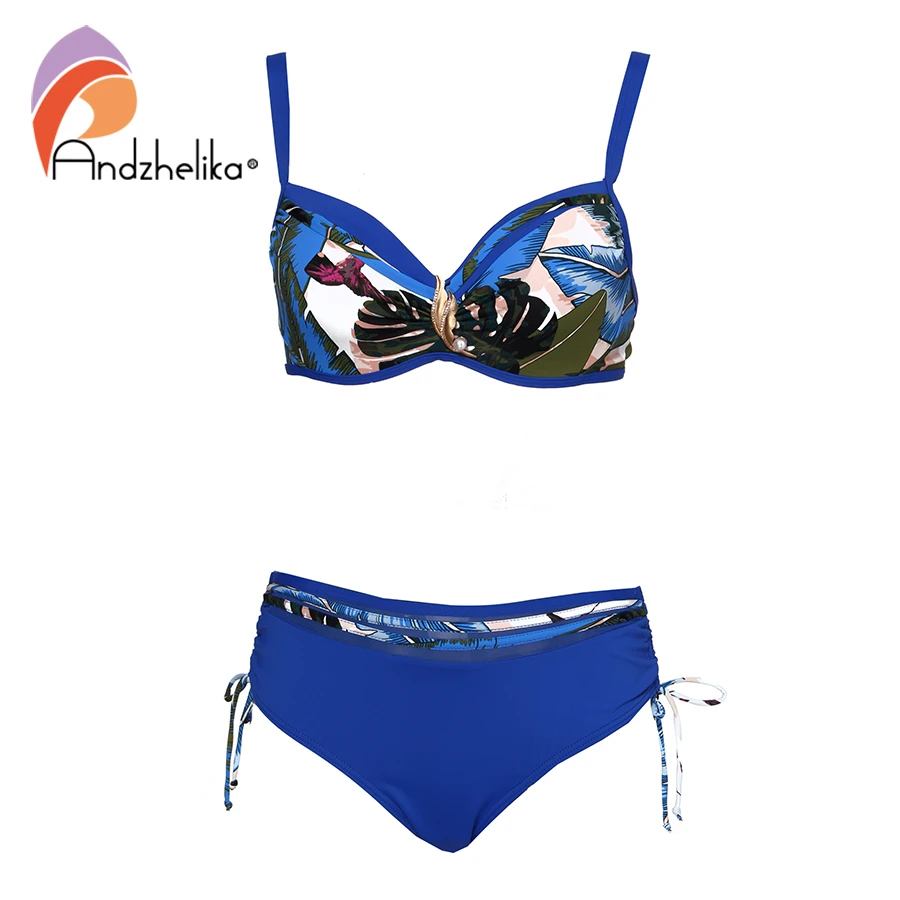 Andzhelika Green Leafy Print Bikini Set Women Pearl Jewelry Push Up Two