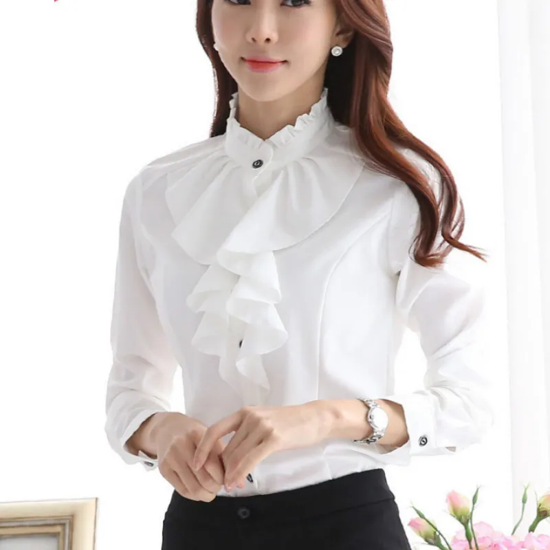 2016 Autumn Long Sleeve Stand Collar Ruffles Shirts Women Office Work