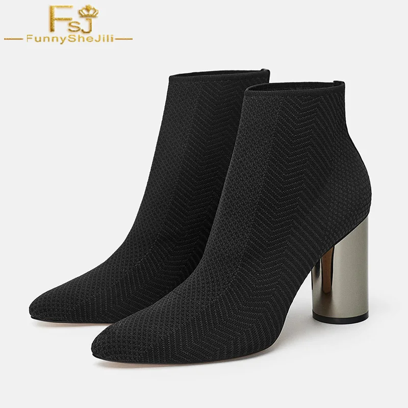FSJ Fashion Black Women Stretch Fabric Shoes Chunky Heels Ankle Boots ...