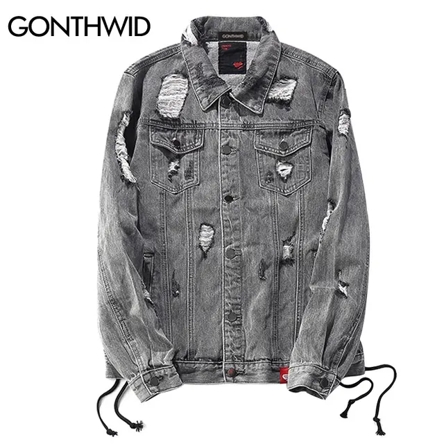 GONTHWID Lace Up Ripped Denim Jacket Men Distressed Destoryed Jeans ...