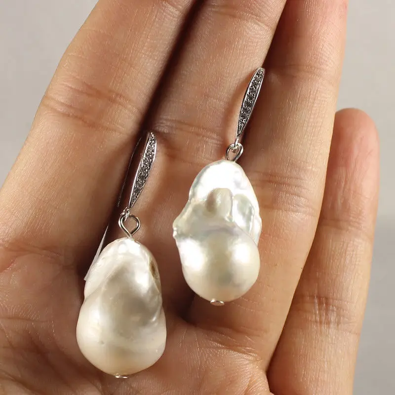 AAA Gray drop 14mm big shell pearl earring>25 mm white baroque keshi ...