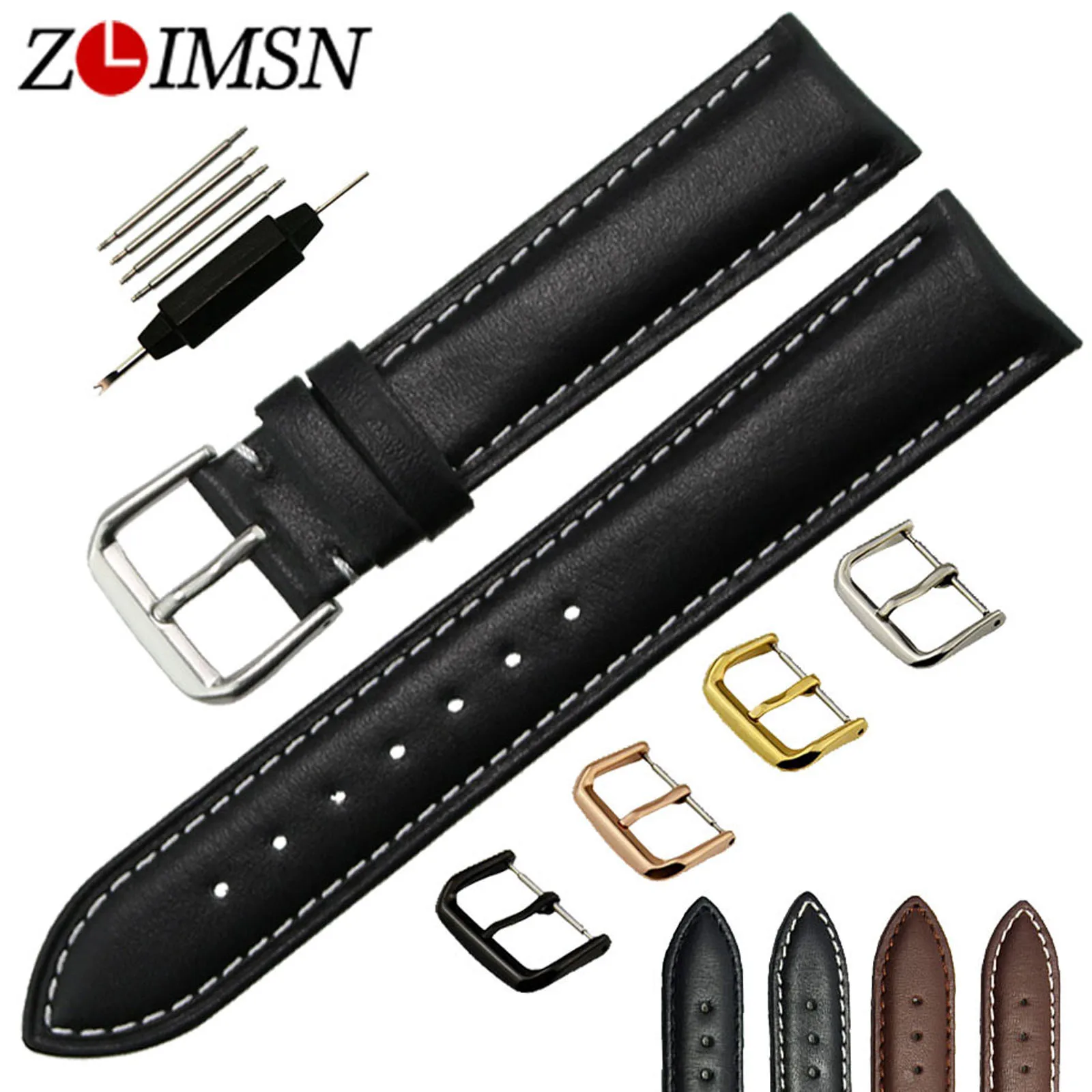 ZLIMSN Smooth Genuine Leather Watch Band Brown Black 18 20 22 24mm ...