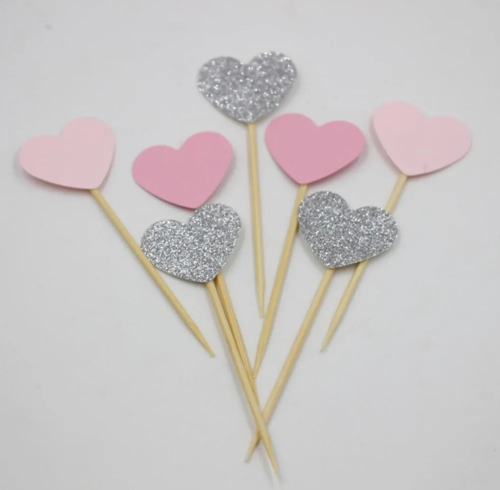 36pcs-Silver-Pink-Glitter-Heart-Valentines-Topper-Wedding-Cupcake ...