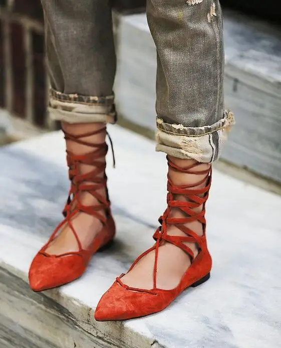 2018 Spring Fashion Orange Red Suede Leather Women Pointy Toe Flats Cut ...