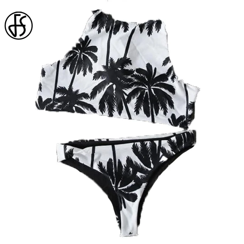 Fs Women Coconut Trees Print Sling Halter Triangle Swimsuit Bikini Set