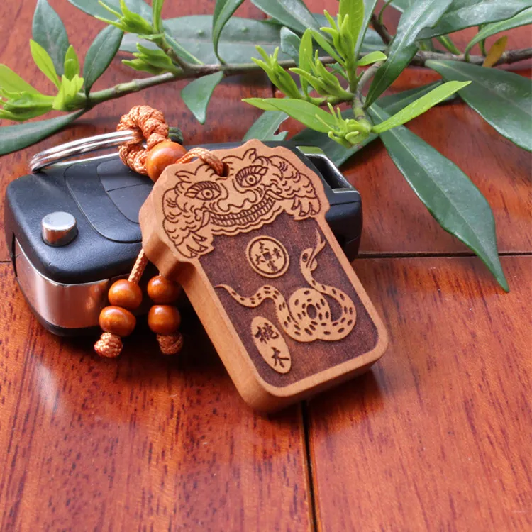 Handmade Chinese zodiac wood carved snake Keychain Mahogany Lucky ...