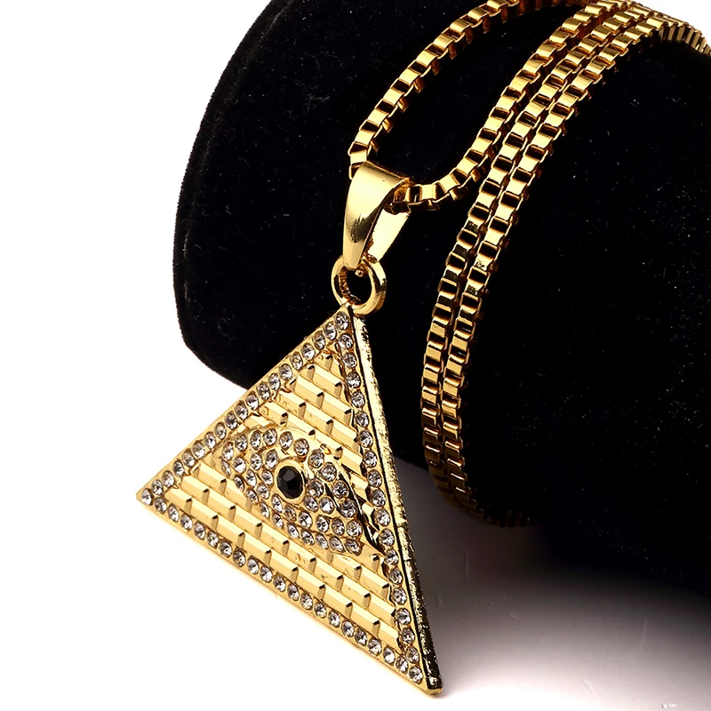 Iftec Golden Egyptian Pyramid Necklaces Pendants Men Women Iced Out