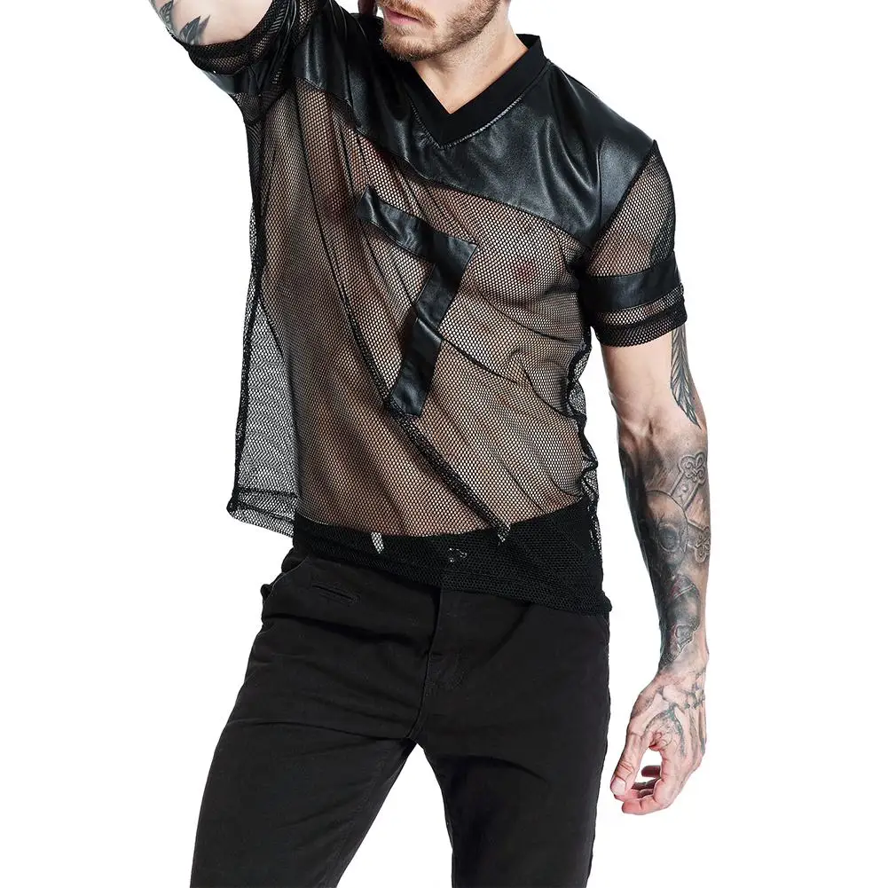 Men Summer Sexy V Neck Short Sleeve Faux Leather Mesh See Through T