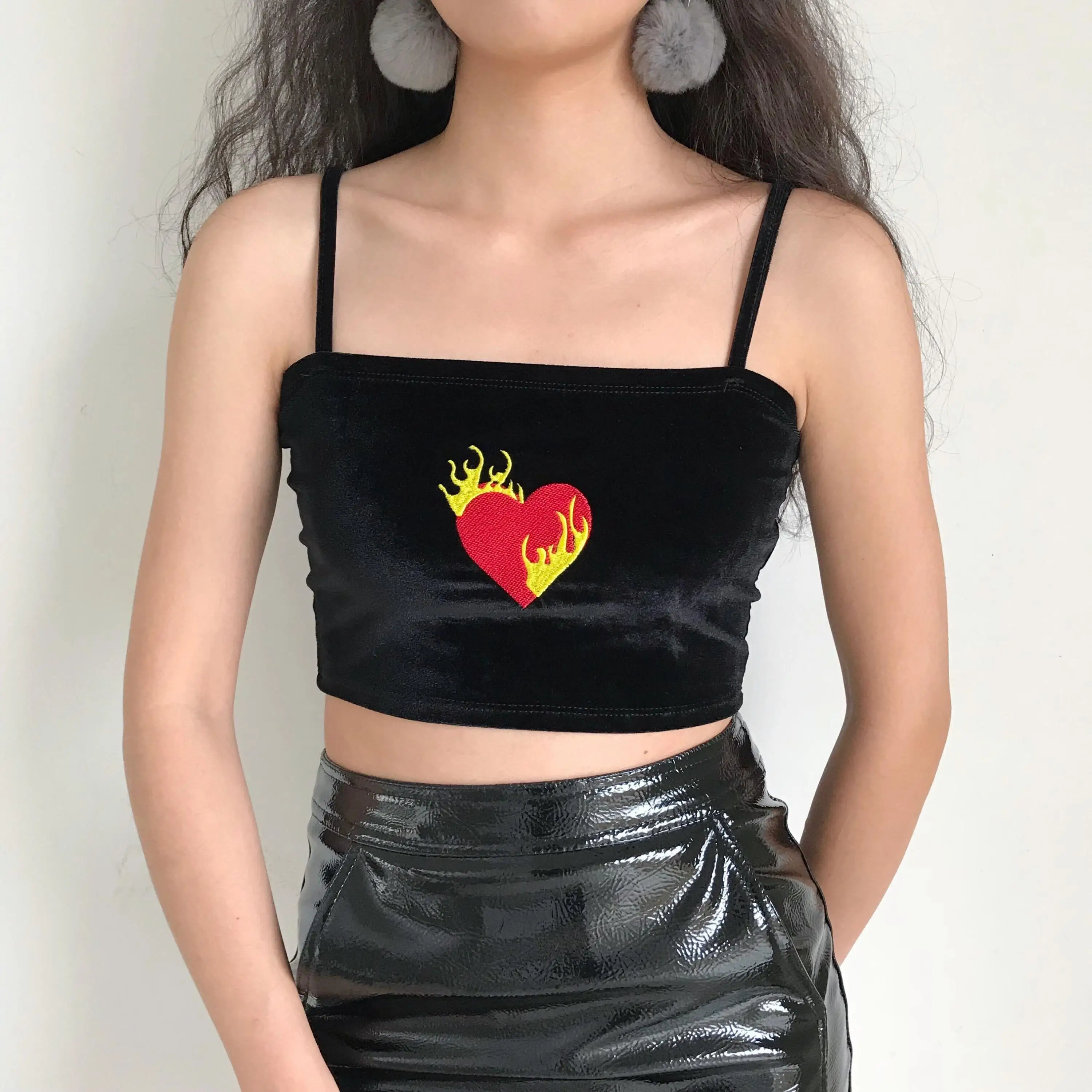Ins fire Crop Top heart Flame Love Bralette Bustier Velvet camisole ...