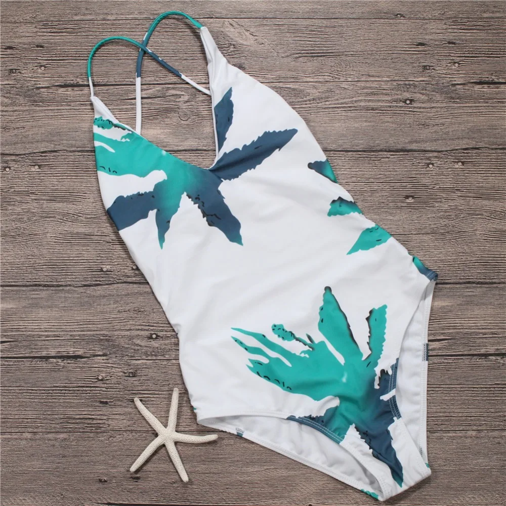 Midou Leaf Print Swimsuit Women Sexy Backless One Piece Swimsuit Hollow