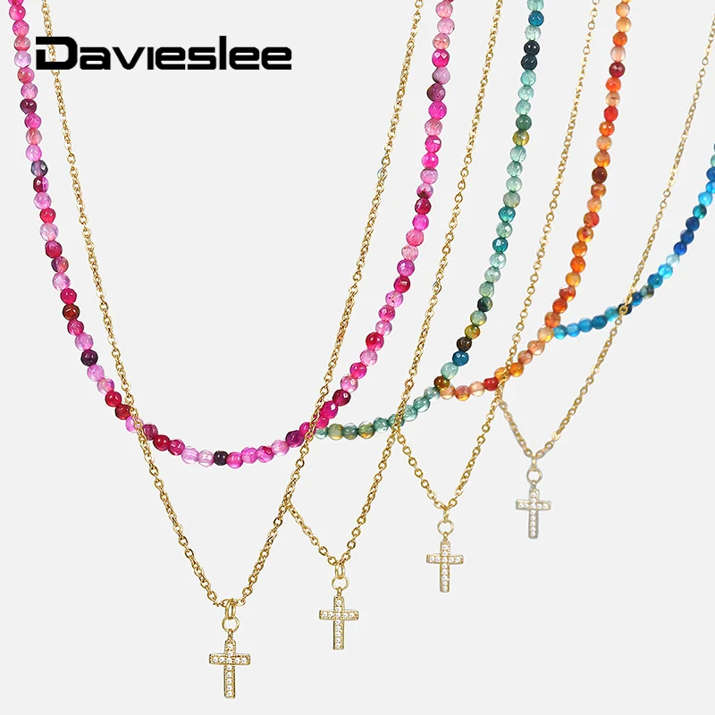 Iced Out Cross Charm Womens Necklace 5 Colors Beaded Double Rolo Link ...