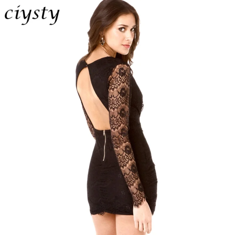 New 2017 Lady S Deep V Neck Lace Patchwork Backless Dress Womens Sexy Club Tight Zipper