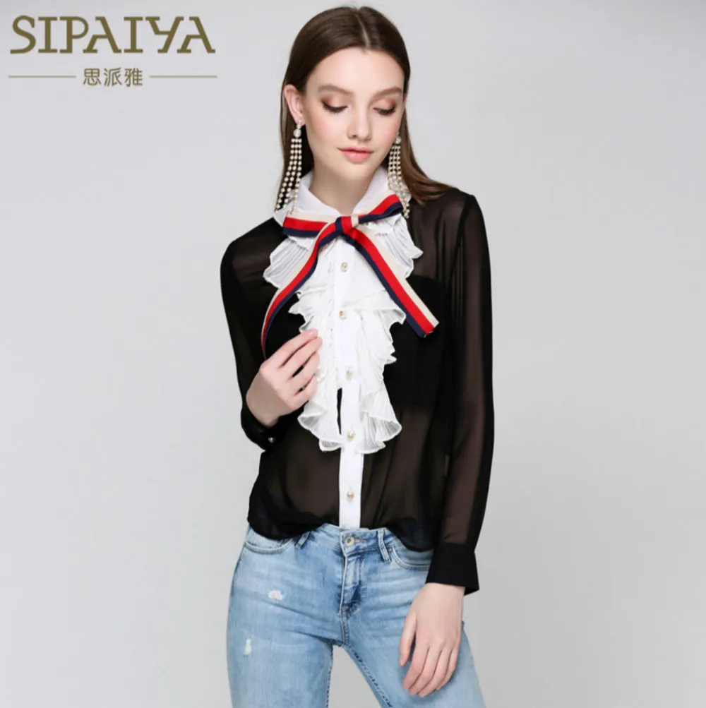 Runway Brand Women's Blouses Sexy Lace Ruffles Patchwork Bow Designer ...
