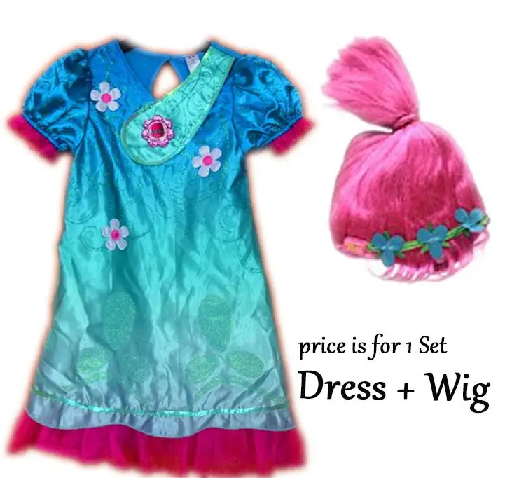Trolls Dress + Wig Poppy Dress Summer Trolls Clothes for Girls Birthday ...