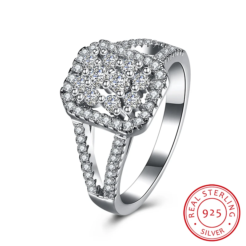 Square Shape CZ Pave Engagement Ring Wedding Jewelry Real 925 Sterling ...