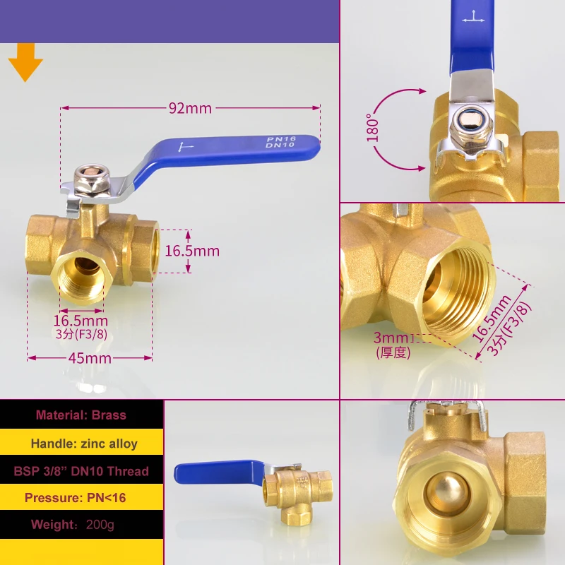 L-Port Brass 3 Way Ball Valve 3/8" BSP Female For Water Gas Steam ...