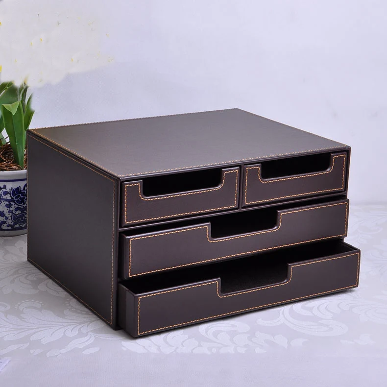 3-layer 4-drawer Wood Structure Leather Desk Filing Cabinet Storage Box ...