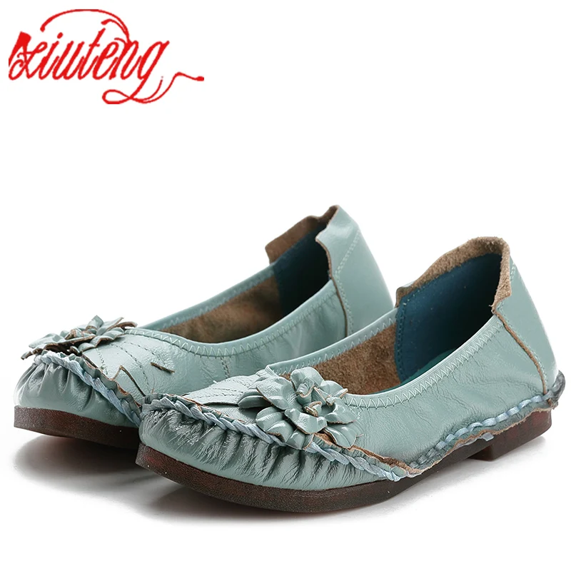 Xiuteng zapatos planos de piel auténtica para mujer, calzado informal de flores, con punta ...