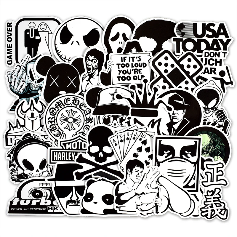 50 Pcs Black and White Sticker for Car Styling Guitar Luggage Fridge ...