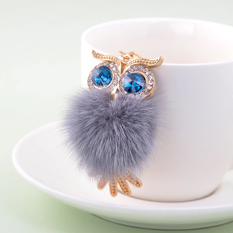 EASYA Cute Big Rhinestone Owl Keychain 3 Colors Lovely Fur Pompom ...