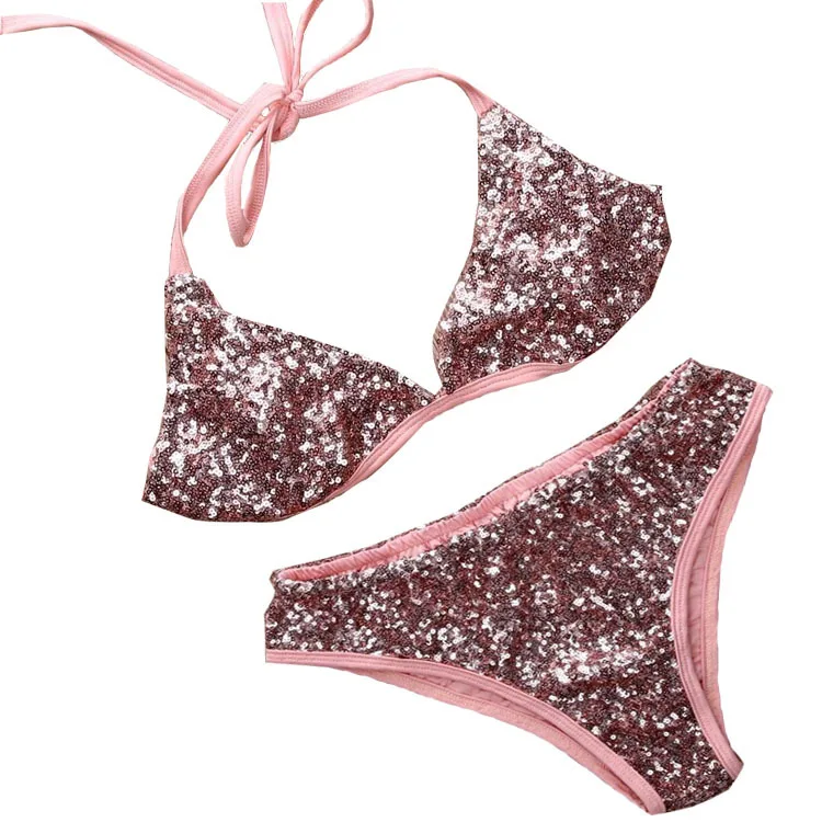 Sexy Micro Bikinis Set Bling Sequin Women Swimwear Halter Brazilian Bikini Beach Bathing Suits