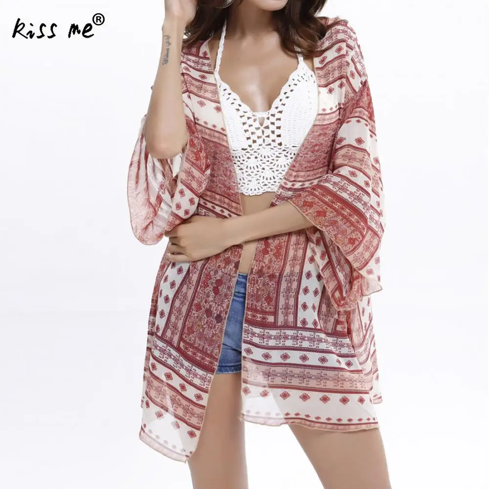 Loose Chiffon Female Cardigan Printed Beach Cover Up Womens Tunic Pink
