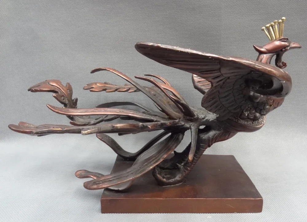 12" Chinese Pure Bronze FengShui Bird Peacock Myth Fly Phoenix Statue ...