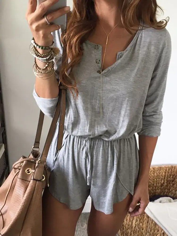 Womens Holiday Mini Playsuit Ladies Long Sleeve Jumpsuit Summer Gray