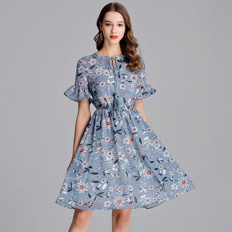 2019 Fashion Floral Print Women Summer Chiffon Dresses Plus Size