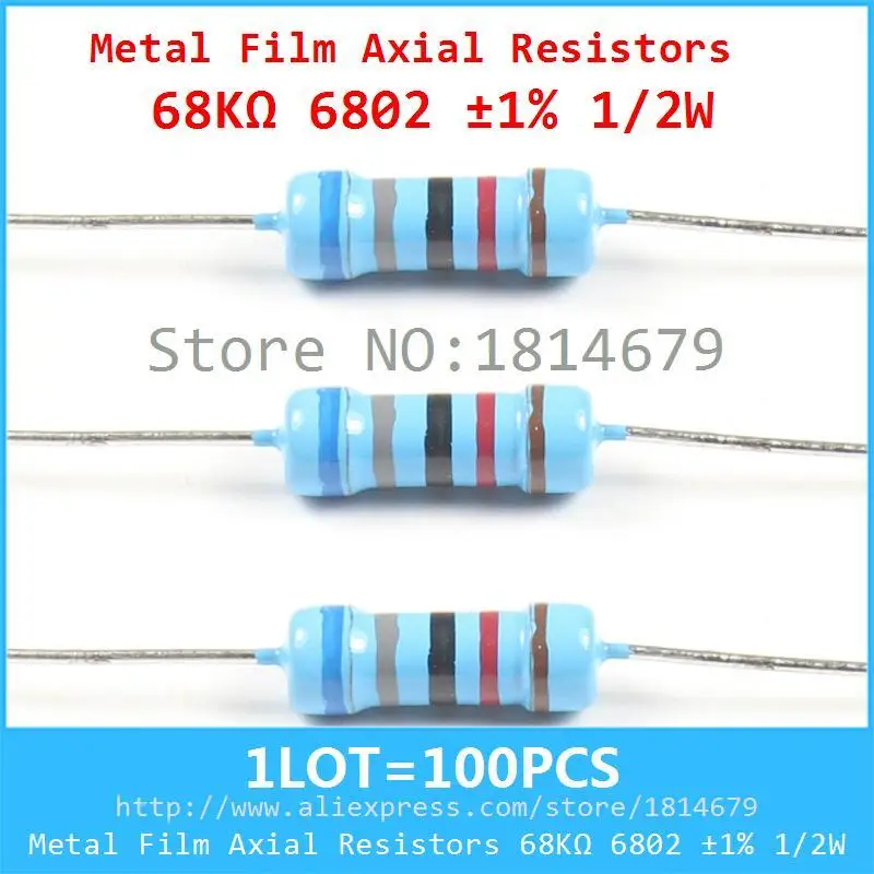 1 몫 = 100 개 금속 필름 축 저항 68 Kohm 6802 1% 1/2 와트 68000ohm 0.5 와트 Wattage1 ...