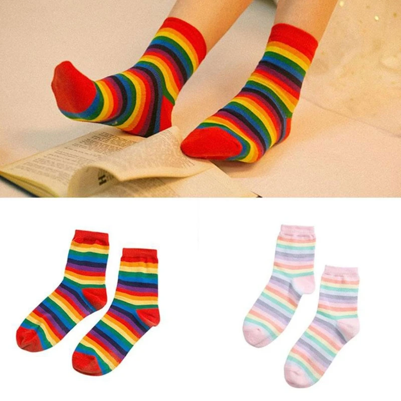 2019-new-women-socks-1-pair-long-cotton-rainbow-color-striped-printed ...