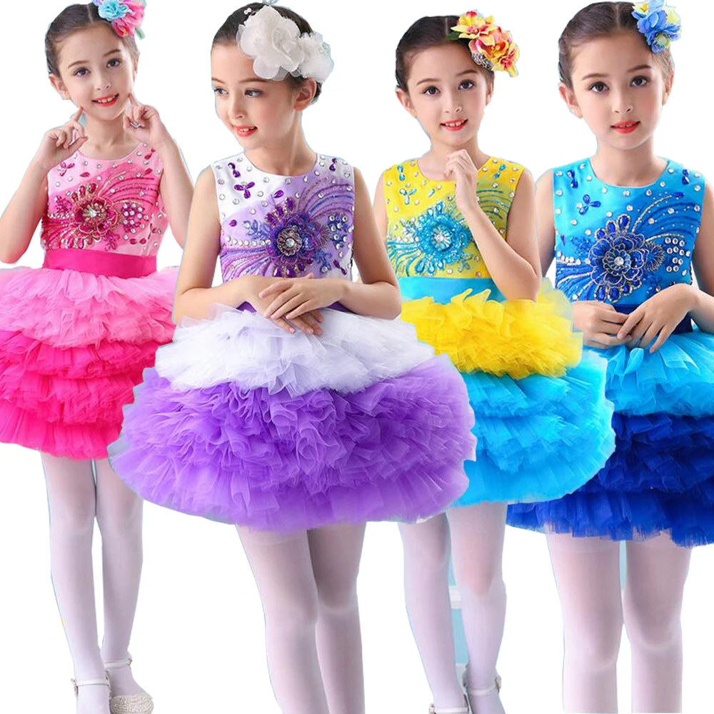 Girls dancewear dress Costumes Kids Ballroom Sequined Stage wear Dance ...