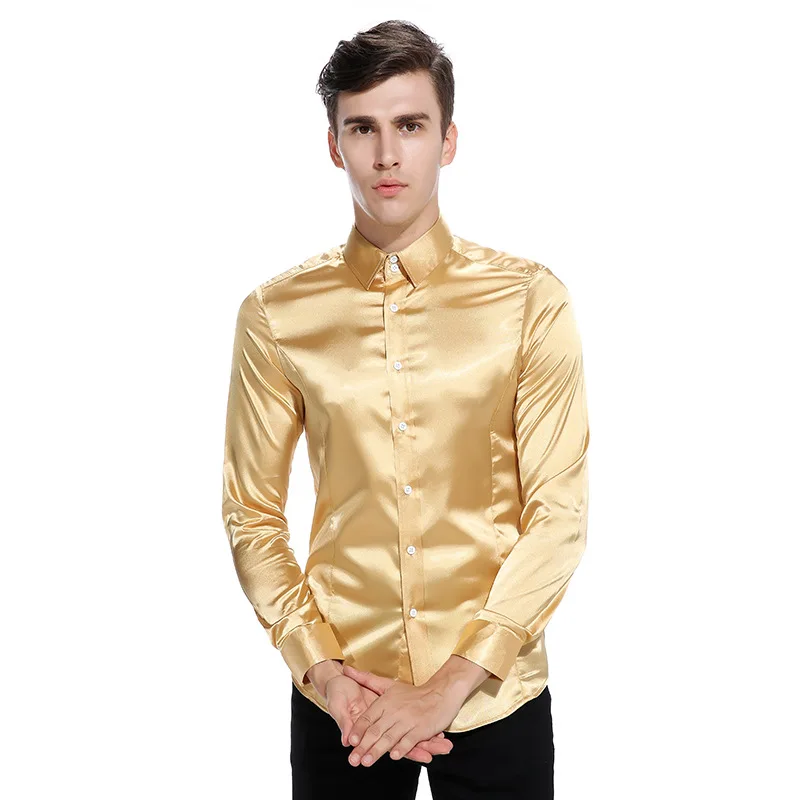 Silk Satin Men Shirt Chemise Homme 2017 Fashion Casual Long Sleeve Slim