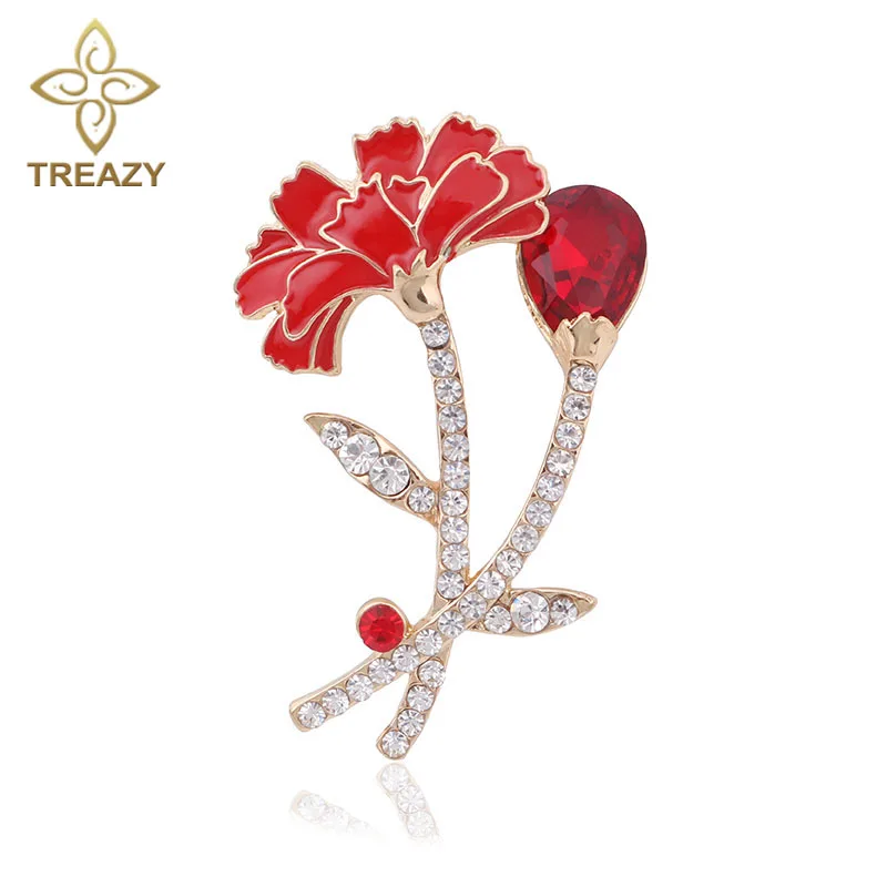 Elegant Red Carnation Pin Brooch Bouquet Rhinestone Enamel Flower ...